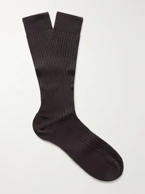 Mr P. Ribbed Merino Wool-blend Socks - Brown