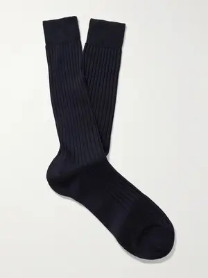 Mr P. Ribbed Merino Wool-blend Socks - Blue