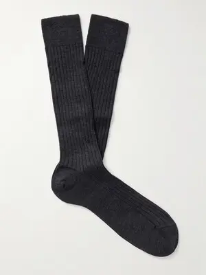 Mr P. Ribbed Merino Wool-blend Socks - Blue