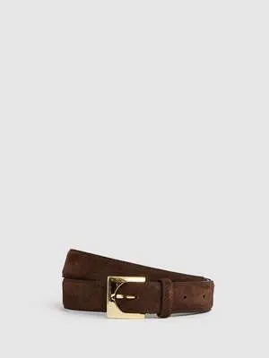 REISS Belinda Suede Belt With Square Buckle - Chocolate