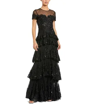 Mac Duggal Embellished Short Sleeve Tiered Gown - Black