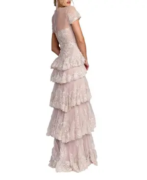 Mac Duggal Embellished Short Sleeve Tiered Gown - Rose Multi