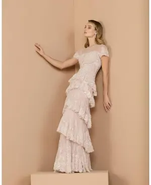Mac Duggal Embellished Short Sleeve Tiered Gown - Rose Multi