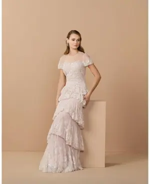 Mac Duggal Embellished Short Sleeve Tiered Gown - Rose Multi