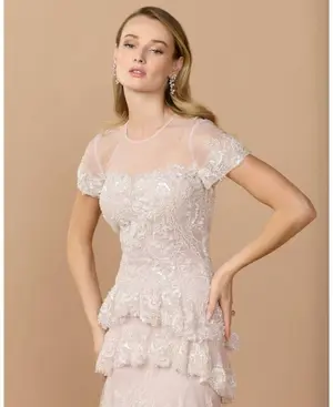 Mac Duggal Embellished Short Sleeve Tiered Gown - Rose Multi