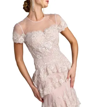 Mac Duggal Embellished Short Sleeve Tiered Gown - Rose Multi