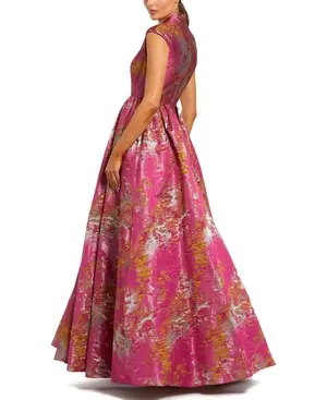 Mac Duggal Metallic Jacquard Ball Gown With Notched Collar - Raspberry Multi
