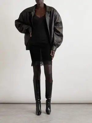 Saint Laurent Lace-trimmed Ribbed Silk-jersey Mini Dress - Black