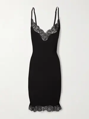 Saint Laurent Lace-Trimmed Ribbed Silk-Jersey Mini Dress Black
