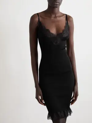 Saint Laurent Lace-trimmed Ribbed Silk-jersey Mini Dress - Black
