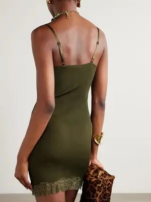 Saint Laurent Lace-trimmed Ribbed Silk-jersey Mini Dress - Green