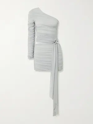 MAYGEL CORONEL Socarras Appliquéd Ruched Stretch-mesh One-shoulder Top And Mini Skirt Set - Gray