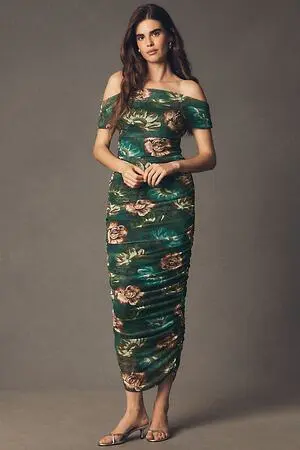 Bhldn Off-shoulder Gathered Stretch Mesh Midi Dress