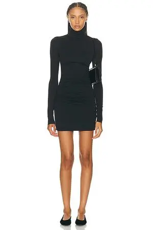 Eterne Long Sleeve Ruched Turtleneck Soft Jersey Mini Dress
