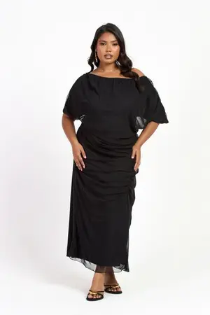 FASHION-SZN CURVE Drop Shoulder Ruched Mesh Midaxi Dress