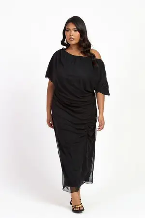 FASHION-SZN CURVE Drop Shoulder Ruched Mesh Midaxi Dress