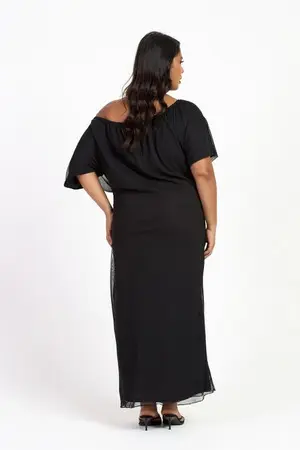 FASHION-SZN CURVE Drop Shoulder Ruched Mesh Midaxi Dress