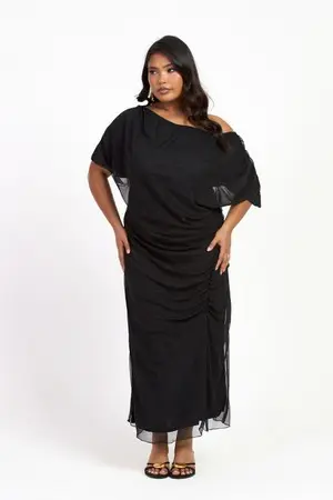 FASHION-SZN CURVE Drop Shoulder Ruched Mesh Midaxi Dress