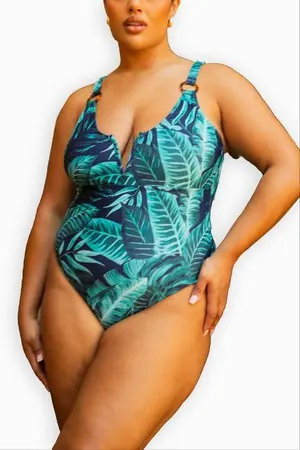 FASHION-SZN CURVE Trim Detail Sculpting One-piece Swimsuit - Green