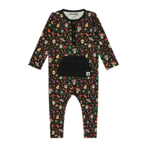 MIXED UP CLOTHING Printed Kangaroo Pocket Romper - Día De Los Muertos