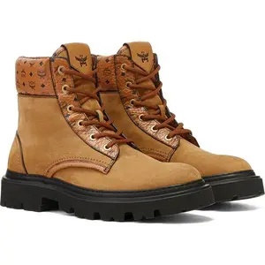 Mcm Nubuck Leather Ankle Boots With Monogram Print Trim - Cognac