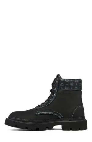 Mcm Ankle Boots In Nubuck And Monogram Print Leather - Black