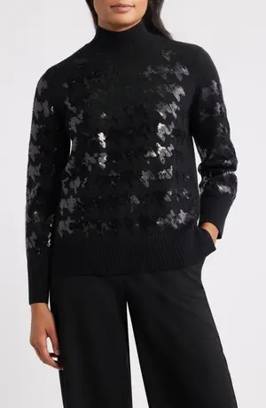 Anne Klein Sequin Houndstooth Mock Neck Sweater - Anne Black