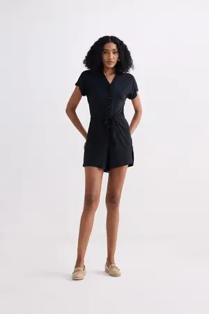 REISTOR V-neck Knit Romper With Drawstring - Black