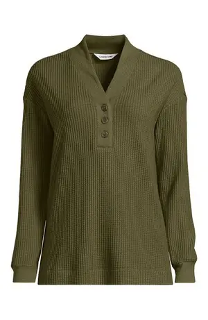 LANDS' END Long Sleeve Waffle Henley - Olive Drab