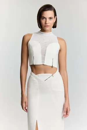 JENDUE Crop Top With Sheer Mock Neck And Bustier Detailing