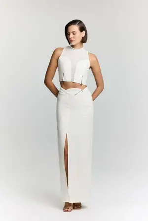 JENDUE Crop Top With Sheer Mock Neck And Bustier Detailing