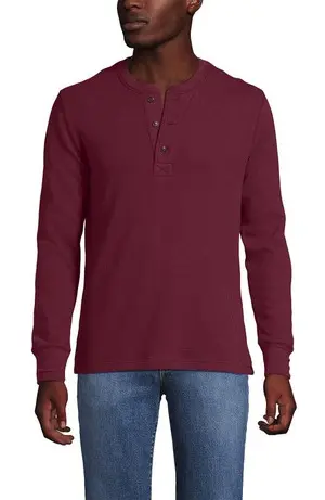 LANDS' END Long Sleeve Thermal Waffle Henley Burgundy Spritz