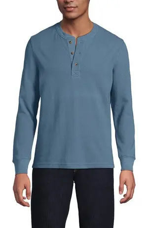 LANDS' END Long Sleeve Thermal Waffle Henley Soft Peacock