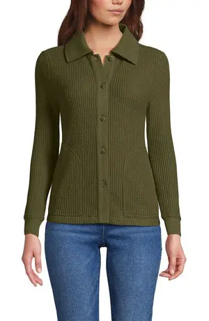 LANDS' END Waffle Knit Shirt Jacket - Olive Drab