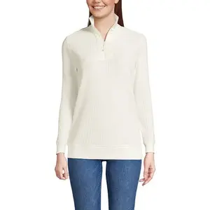LANDS' END Long Sleeve Waffle Quarter Zip Pullover - Ivory