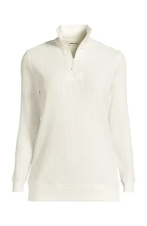 LANDS' END Long Sleeve Waffle Quarter Zip Pullover - Ivory