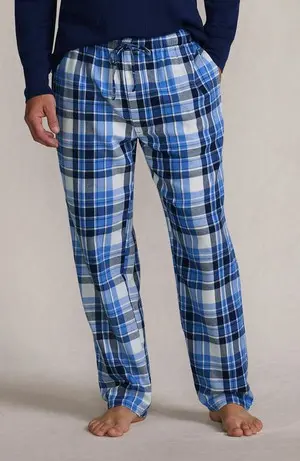 LANDS' END Flannel Pajama Pants - Muted Cobalt Blue Plaid