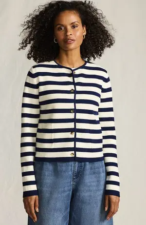 LANDS' END Fine Gauge Cotton Milano Blazer Sweater - Fresh Ivory/navy Breton Stripe