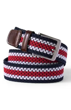 LANDS' END Braided Elastic Belt Red White Blue Stripe