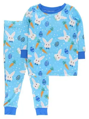 RUFFLEBUTTS Gender Inclusive Softsnooze Long Sleeve Pajama Set - Blue Bow Tie Bunnies