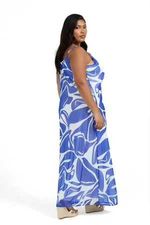 FASHION-SZN CURVE Printed Mesh Maxi Dress - Blue