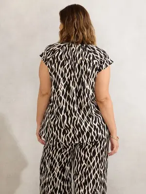 LIVE UNLIMITED Mono Print Short Sleeve Tie Neck Blouse