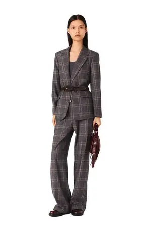 Maje Checkered Belted Suit Jacket - Grey