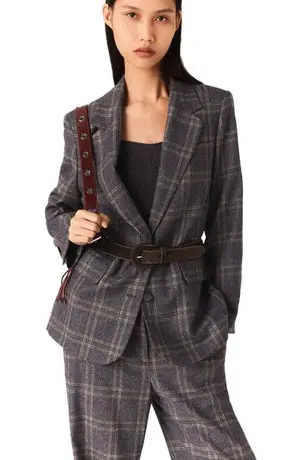 Maje Checkered Belted Suit Jacket - Grey