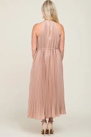PINKBLUSH Pleated Halterneck Midi Dress With Sash Tie Waist - Beige