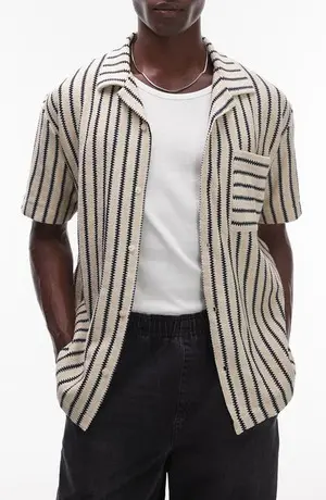 Topman Stripe Knit Camp Shirt - Stone