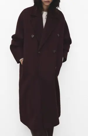 Mango Picarol Wool-Blend Double-Breasted Coat Wine