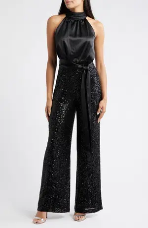 Eliza J Mixed Media Satin And Sequin Jumpsuit - Black