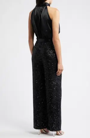 Eliza J Mixed Media Satin And Sequin Jumpsuit
