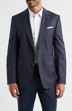 BOSS Hutson Slim-fit Plaid Sport Coat - Dark Blue